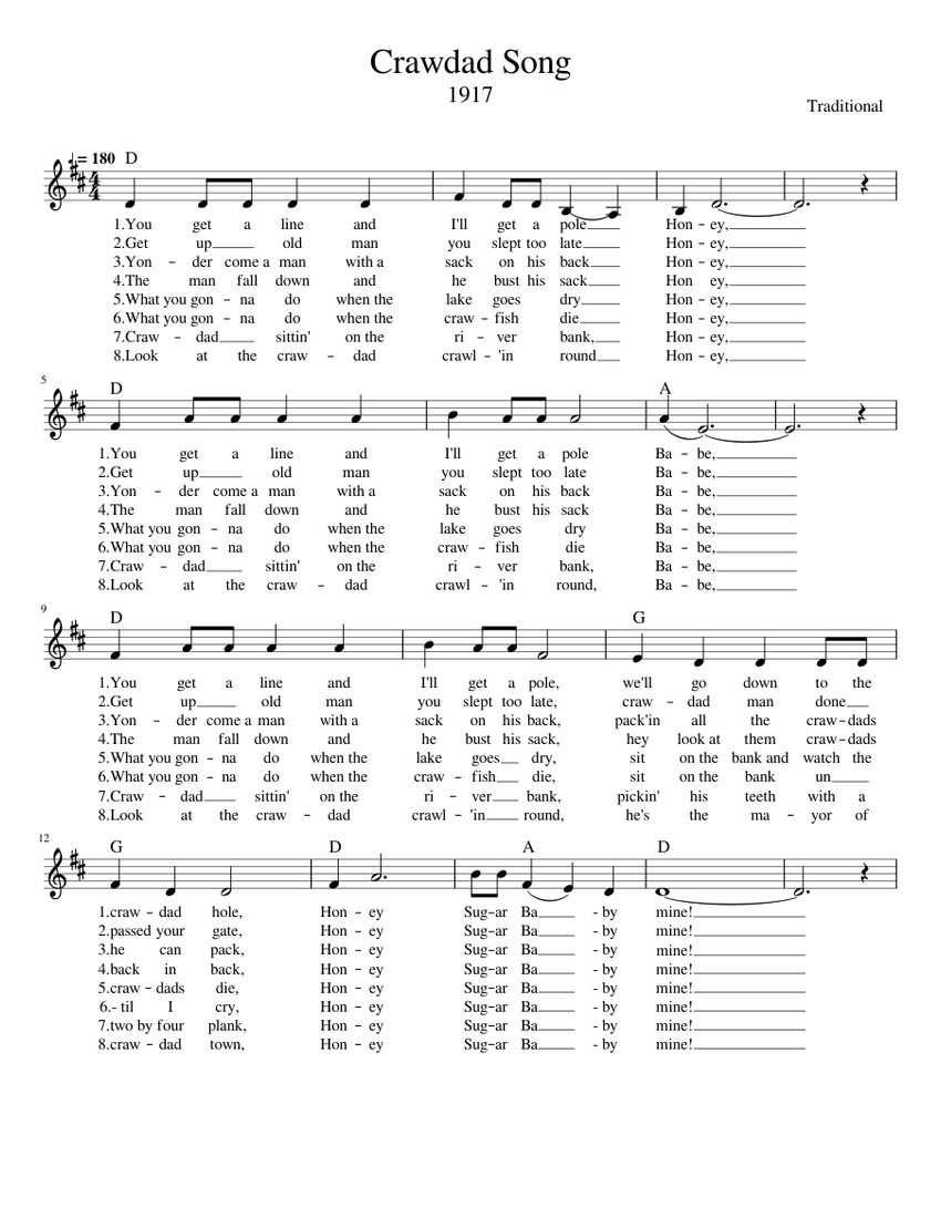 Crawdad Song Sheet Music for Piano (Solo) | MuseScore.com