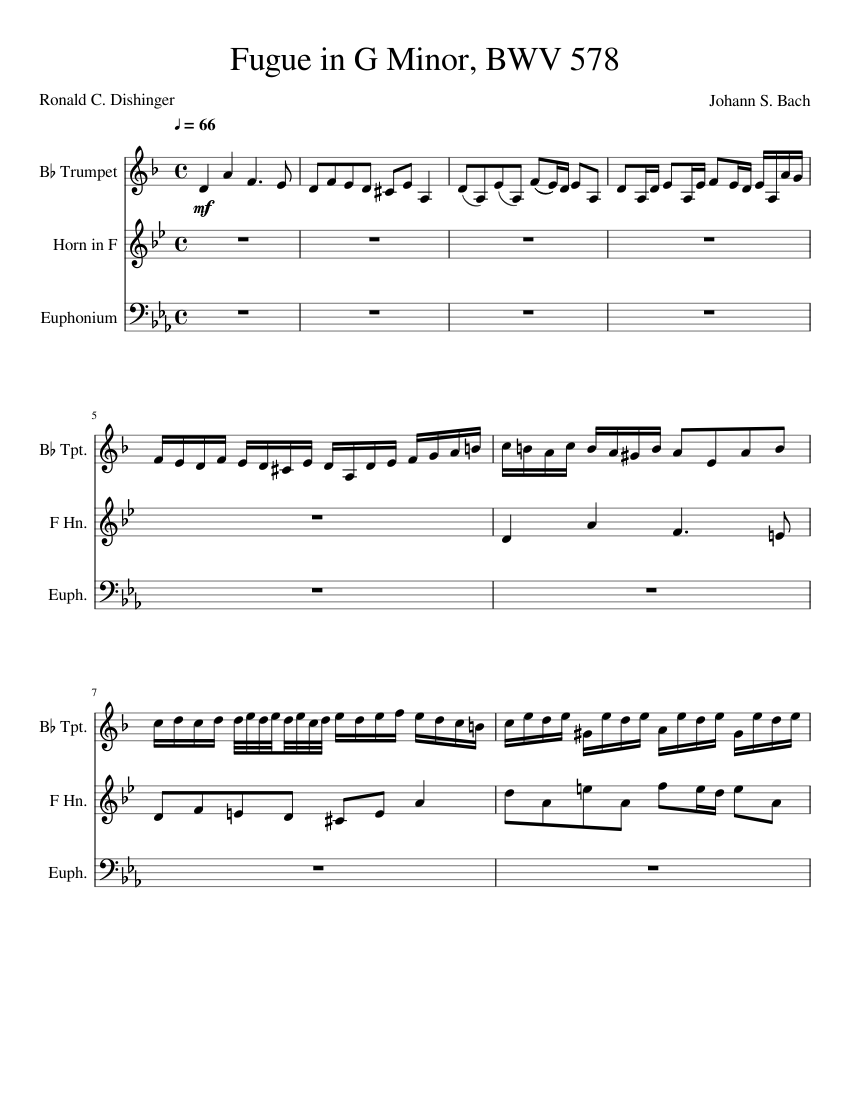 Fugue in G Minor BWV 578 Sheet Music for Euphonium, Trumpet in b-flat ...