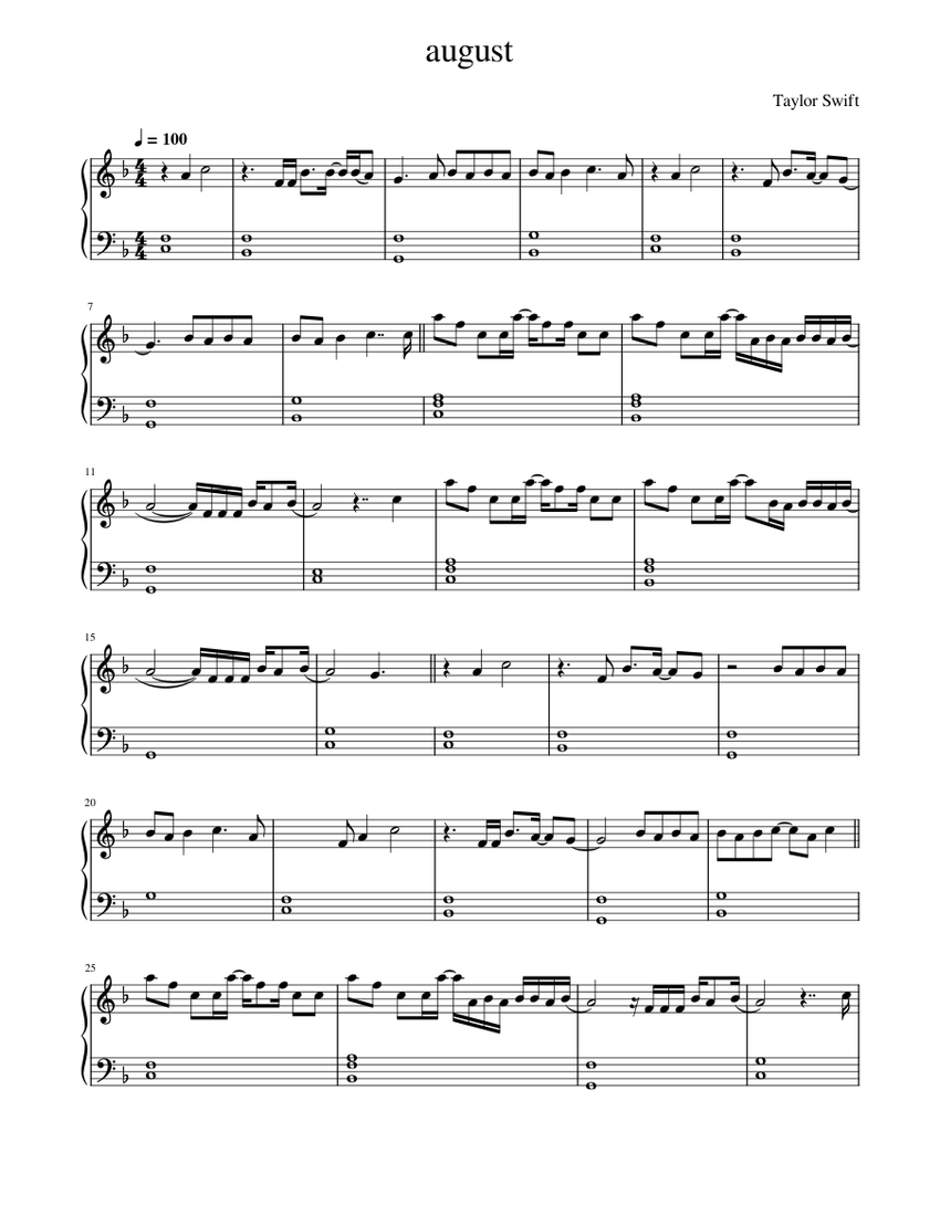 August - Taylor Swift (pipe organ version) Sheet Music for Piano (Solo ...