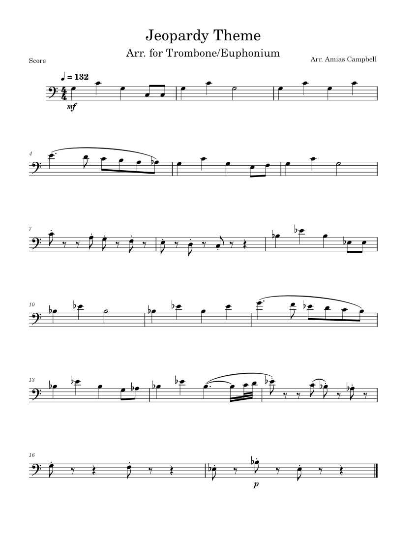 Jeopardy Theme, Arr. for Trombone/Euphonium Sheet Music for Trumpet in ...
