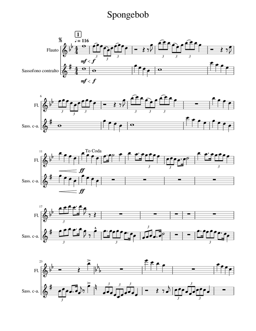 Spongebob Sheet Music for Flute, Saxophone alto (Woodwind Duet ...