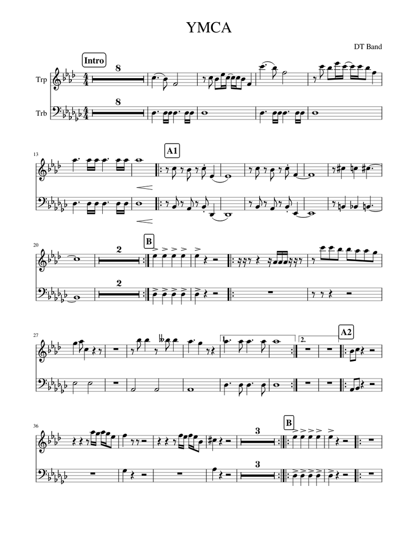 YMCA Sheet Music for Trombone, Trumpet in b-flat (Brass Duet ...