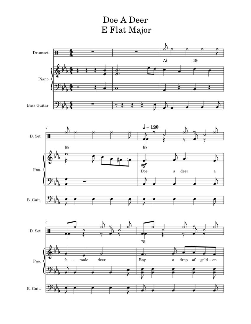 Doe A Deer E Flat Major Sheet music for Piano, Bass guitar, Drum group ...