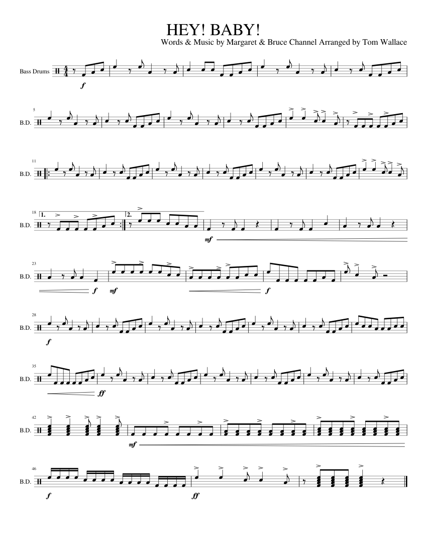 HEY BABY Sheet Music for Snare drum, Crash, Tenor drum, Bass drum ...