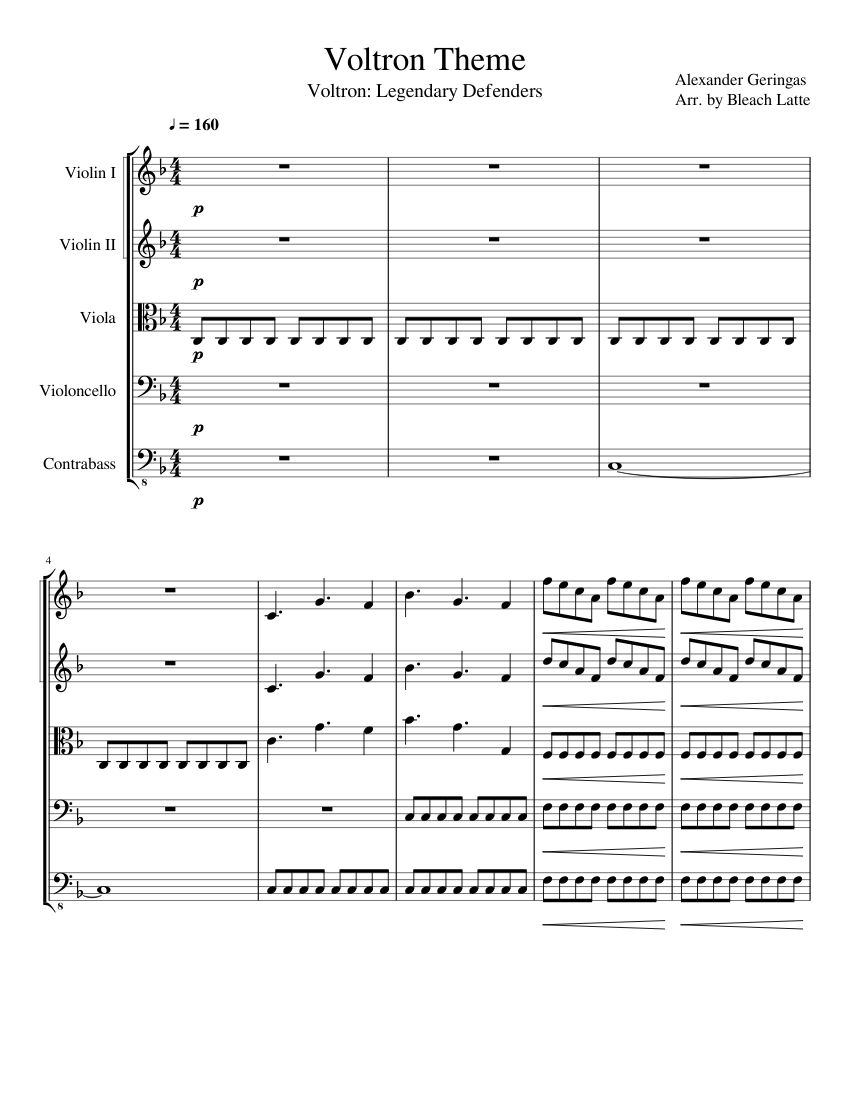 Voltron Theme Sheet Music For Contrabass Violin Viola Cello String