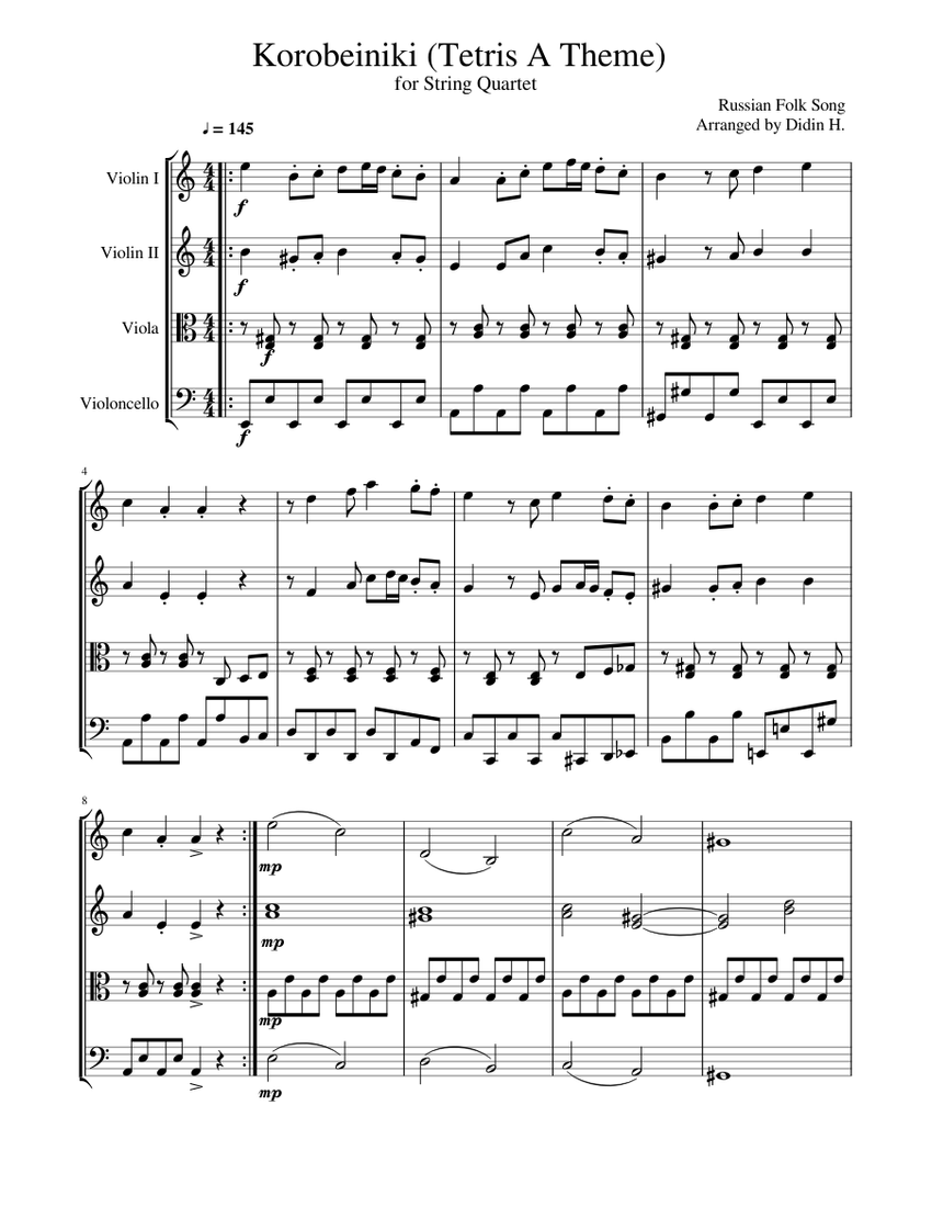 Korobeiniki (Tetris A Theme) for String Quartet Sheet music for Violin ...