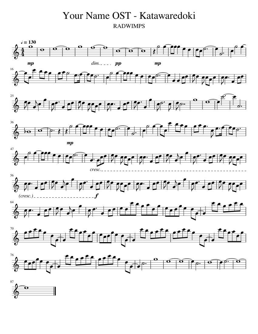 Your Name OST - Katawaredoki Sheet music for Flute (Solo) | Musescore.com