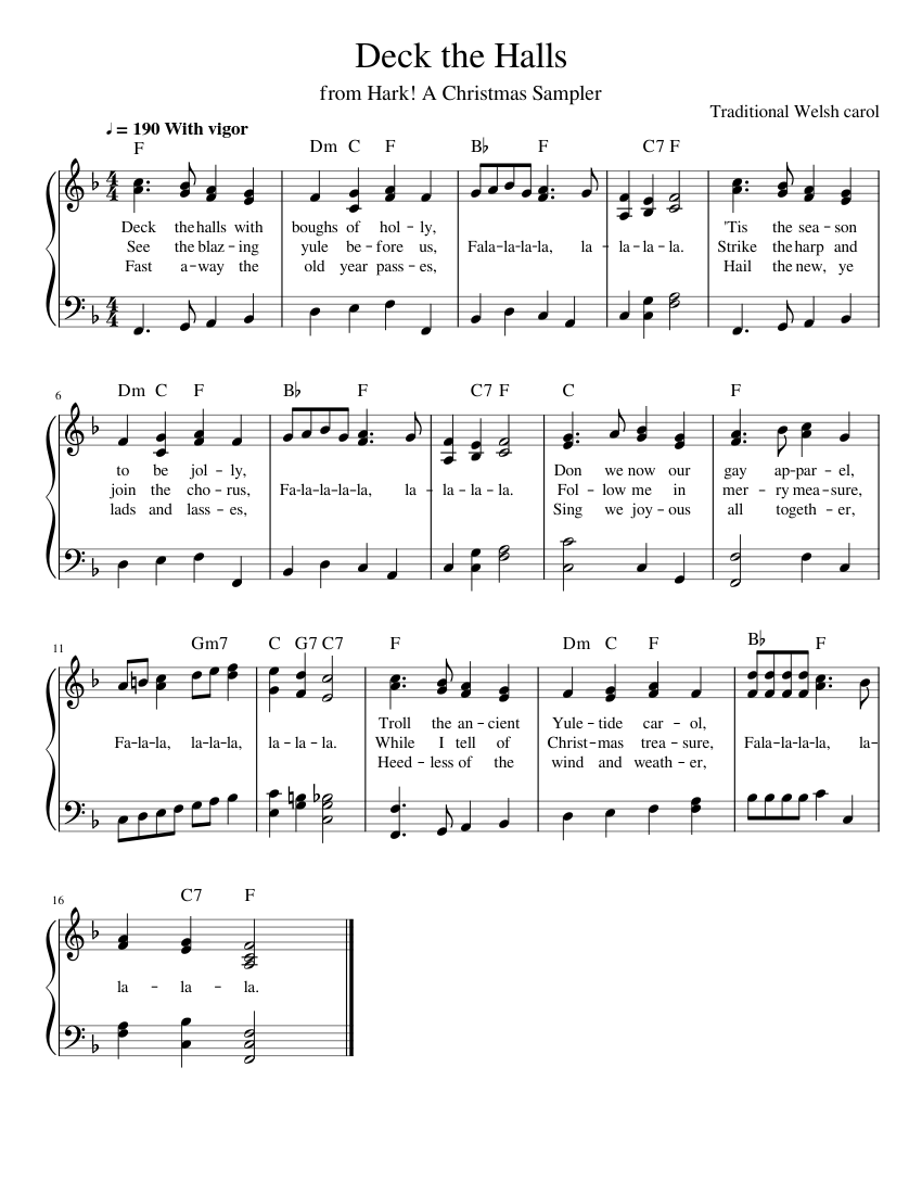 Deck the Halls Sheet Music with Chords for Piano (Solo) easy ...