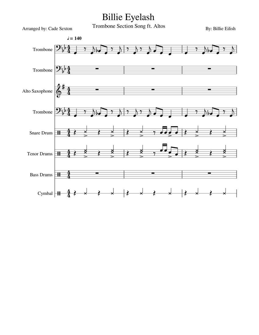 EYELASH Sheet music for Trombone, Saxophone alto, Snare drum, Crash ...
