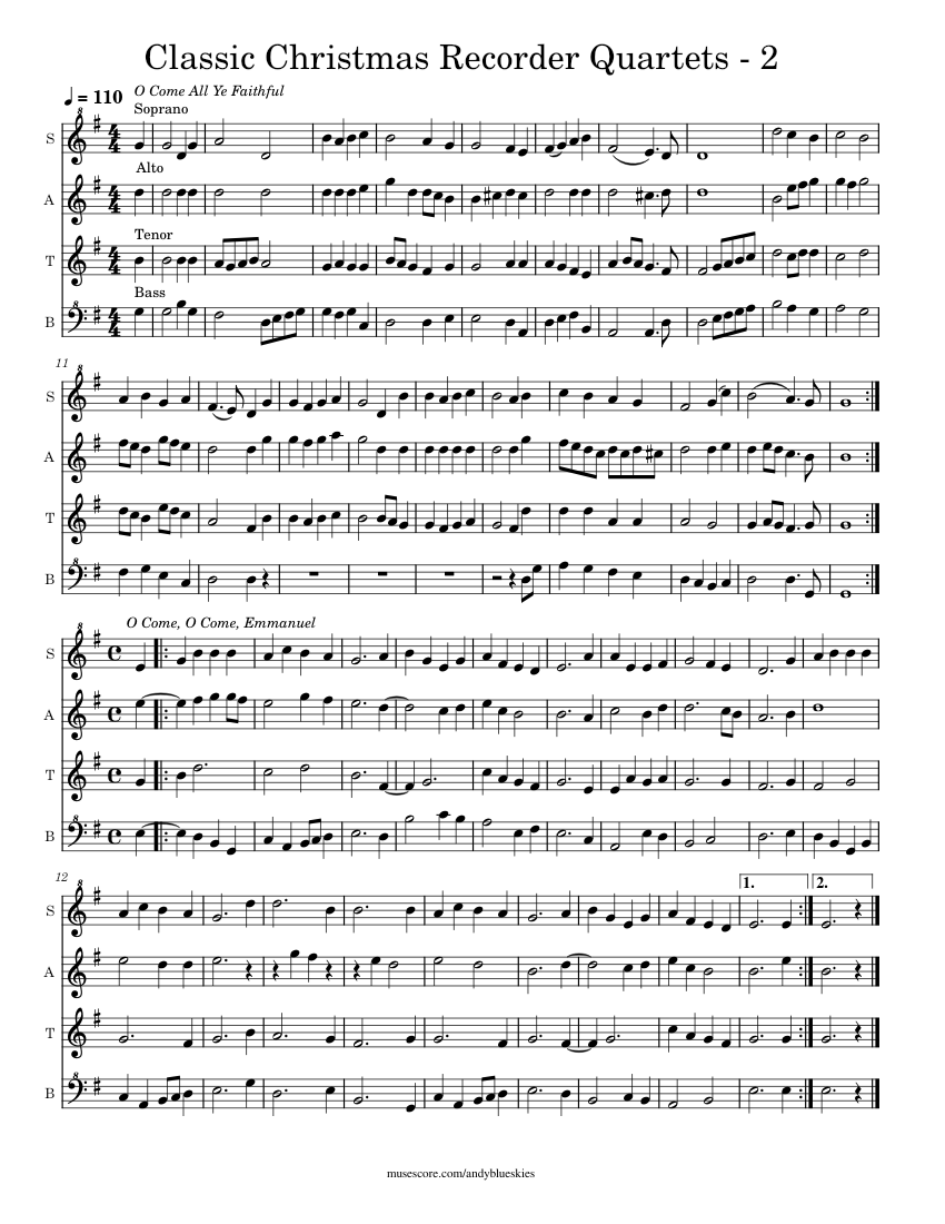 Classic Christmas Recorder Quartets - 2 Sheet music for Recorder ...
