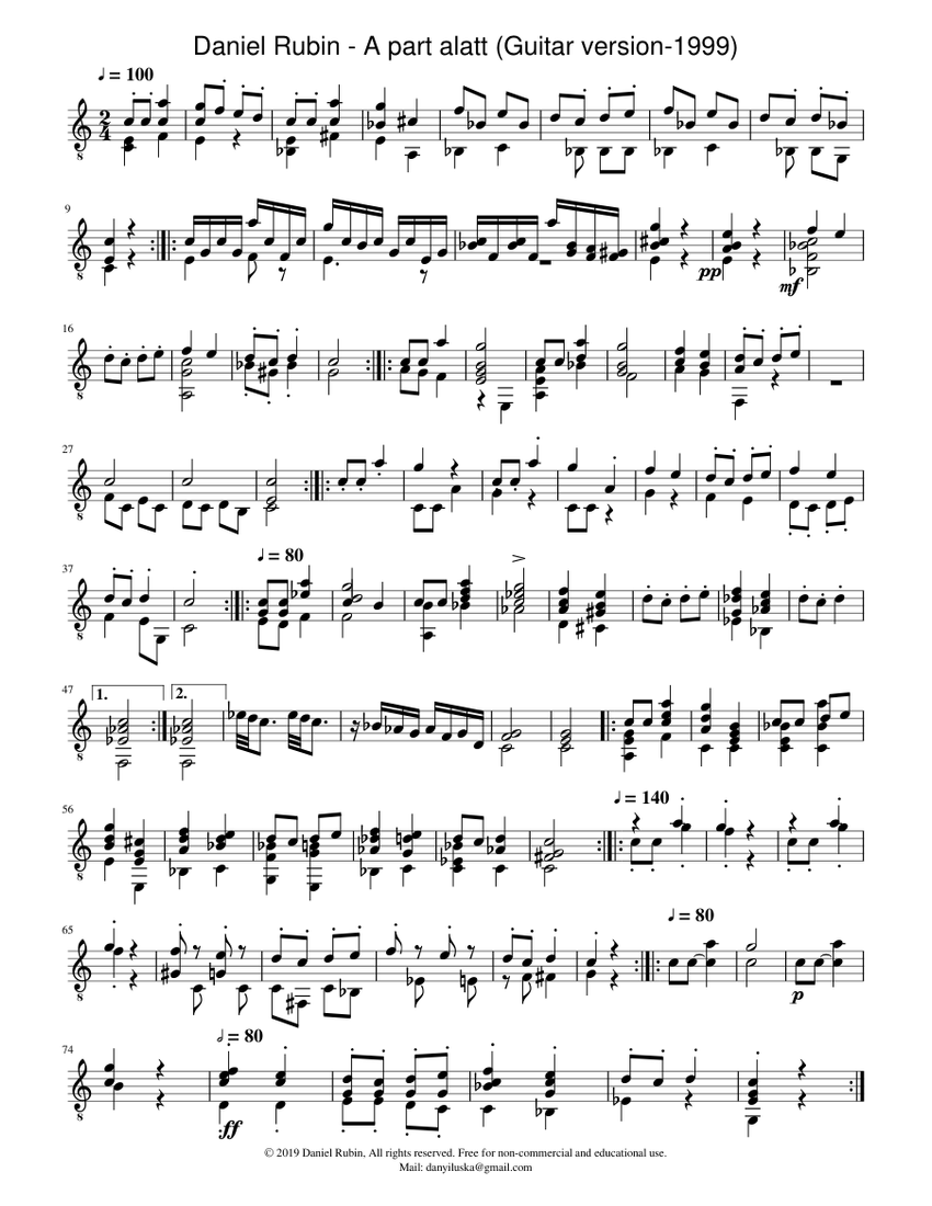 Daniel Rubin - A part alatt, guitar version (1999) Sheet music for ...