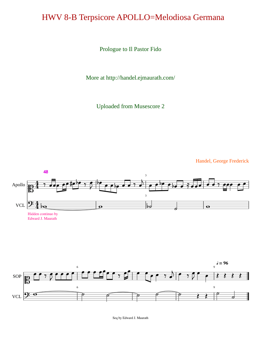 HWV8A0N2 - Melodiosa Germana (Apollo) recitativo secco Sheet music for ...