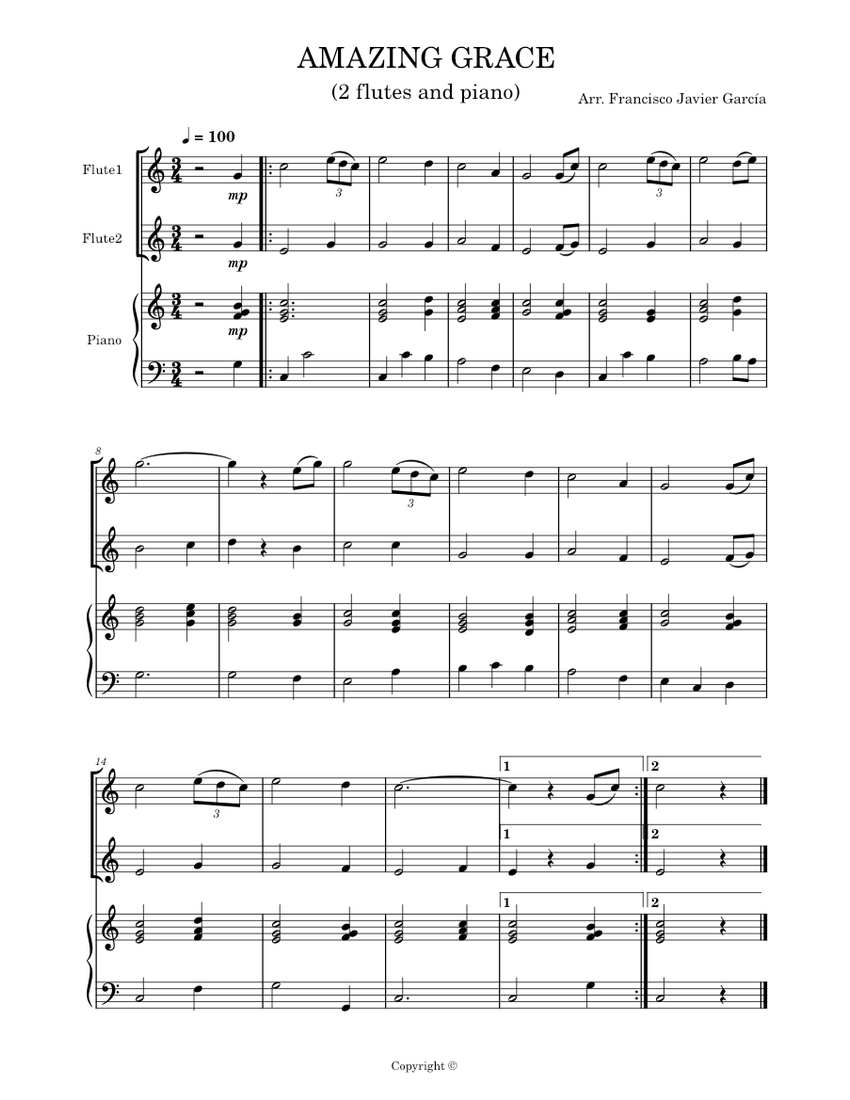 Amazing Grace – John Newton AMAZING GRACE Sheet music for Piano, Flute ...