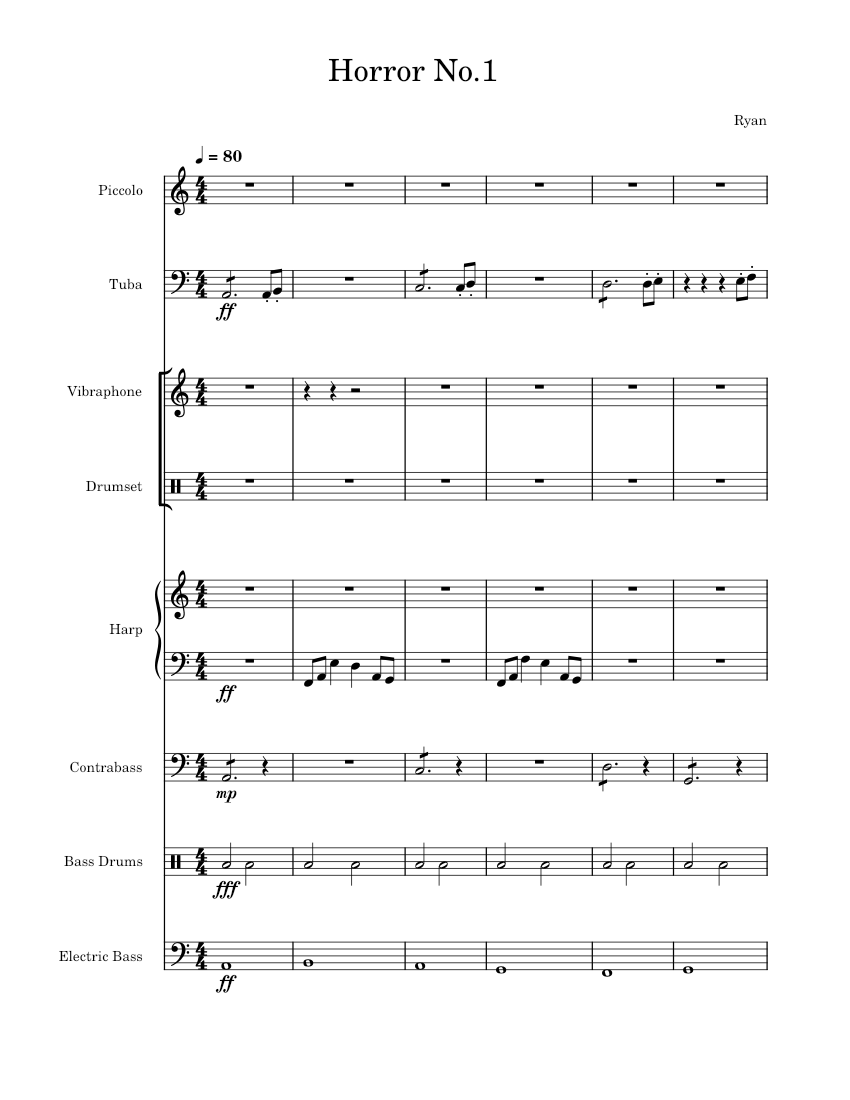 Horror No Sheet Music for Tuba, Flute piccolo, Contrabass, Vibraphone ...