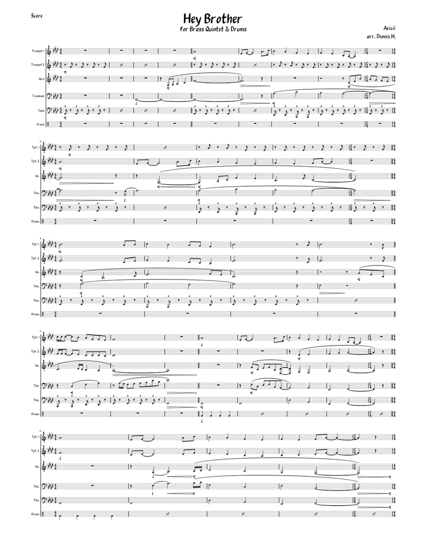Hey Brother - Brass Quintet Sheet Music for Trombone, Tuba, Trumpet in ...