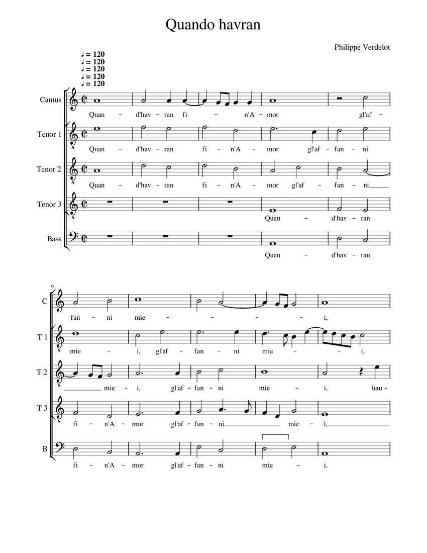 Quand' hauran - Philippe Verdelot Sheet music for Bass guitar (Solo ...