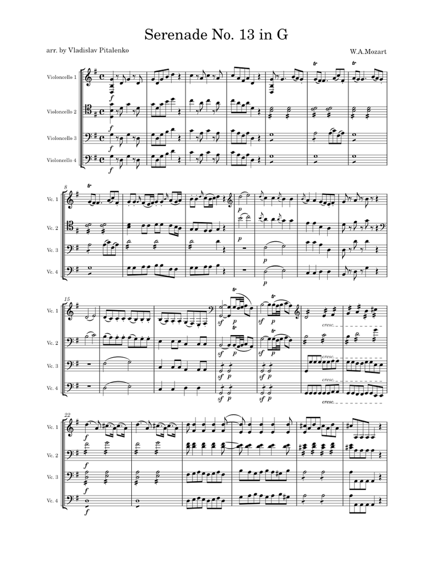 Serenade No. 13 K. 525 ''Eine kleine Nachtmusik'' – Wolfgang Amadeus Mozart (4 cellos) Sheet ...