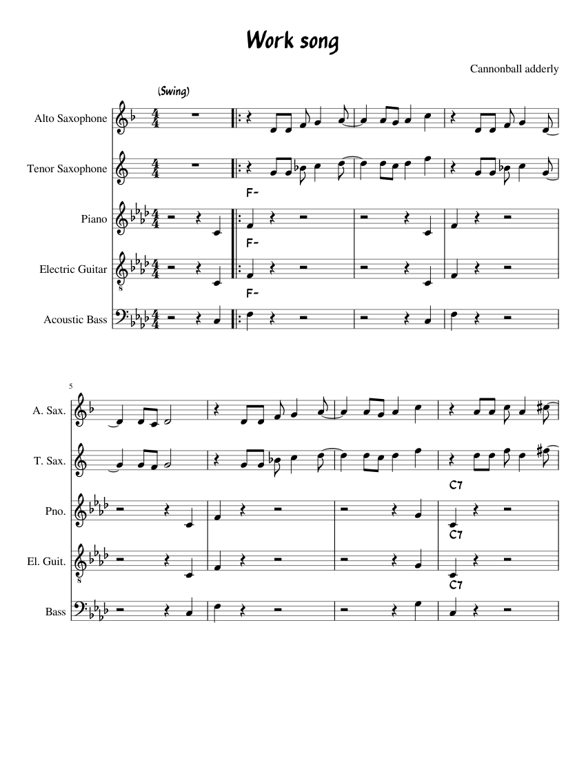 Work song Sheet Music with Chords for Piano, Saxophone alto, Saxophone ...