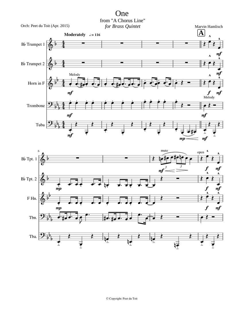 One from A Chorus Line - Marvin Hamlisch & Edward Kleban (Brass Quintet ...