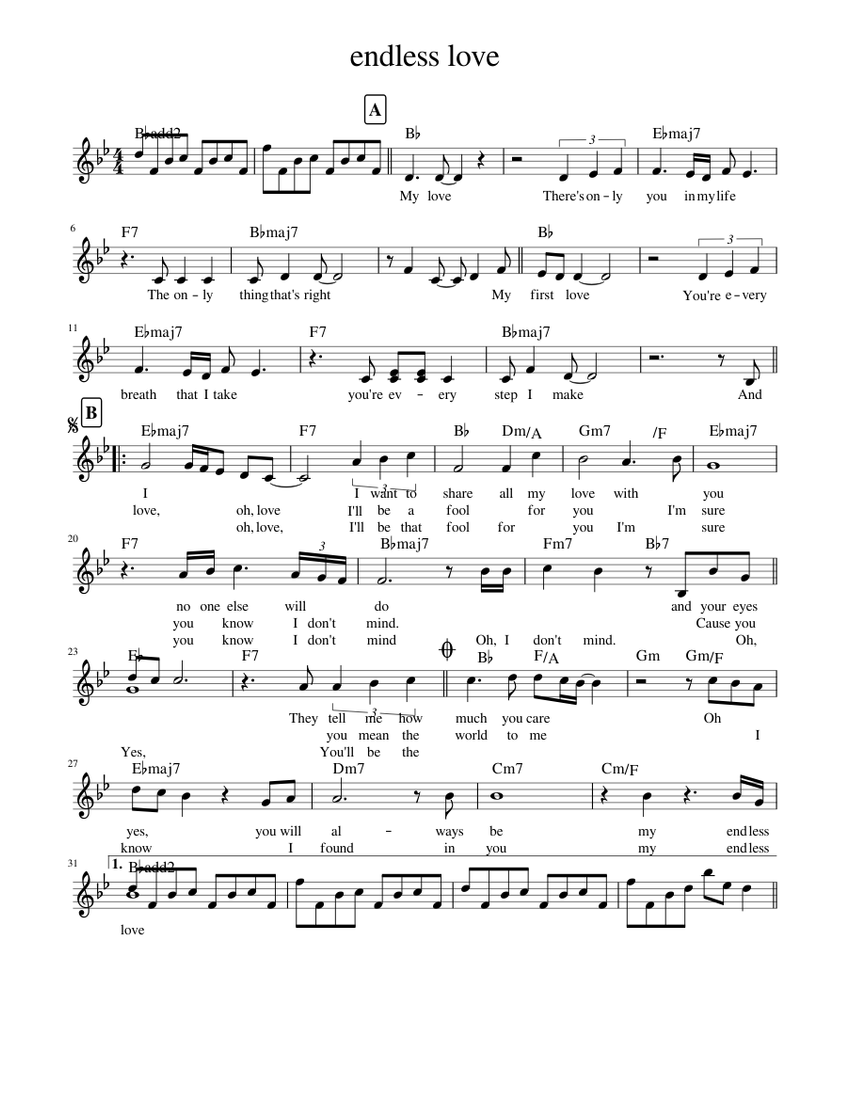 Endless love Sheet Music with Chords for Piano (Solo) easy | MuseScore.com
