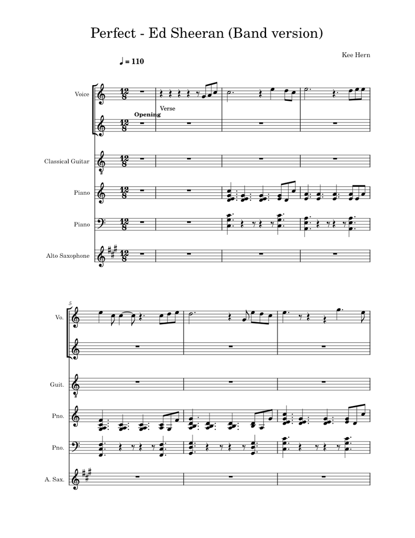 Perfect – Ed Sheeran C Major Sheet music for Piano, Vocals, Saxophone ...
