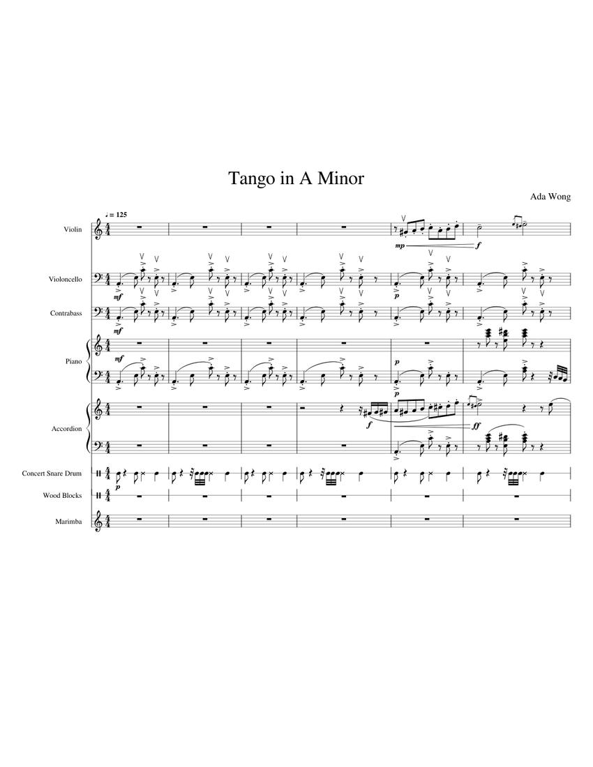 Tango in A Minor Sheet music for Piano, Accordion, Contrabass, Snare ...