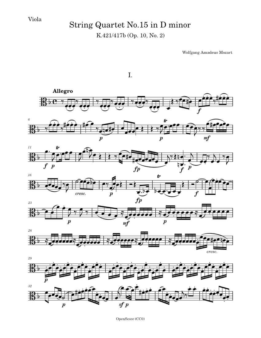 Mozart, Wolfgang Amadeus, String Quartet No.15 in D Minor, K421/417b, (Op.10, No.2) - Viola PART ...