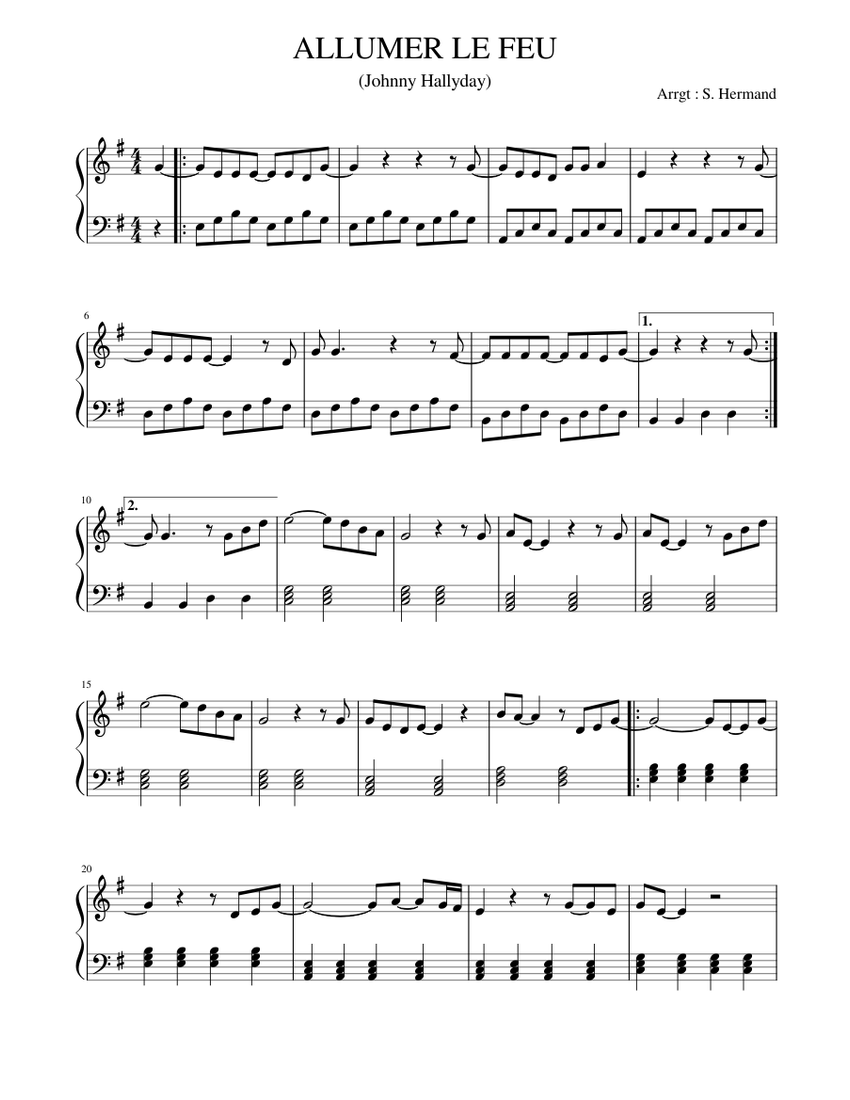 ALLUMER LE FEU de Johnny Hallyday Sheet Music for Piano (Solo) Easy | MuseScore.com