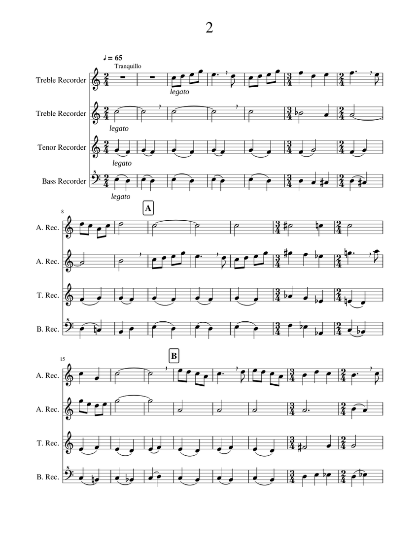 Quartet for Recorders 2nd Movement Sheet Music for Recorder (Mixed ...