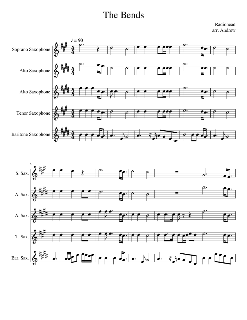 The Bends Sheet music for Saxophone alto, Saxophone tenor, Saxophone ...