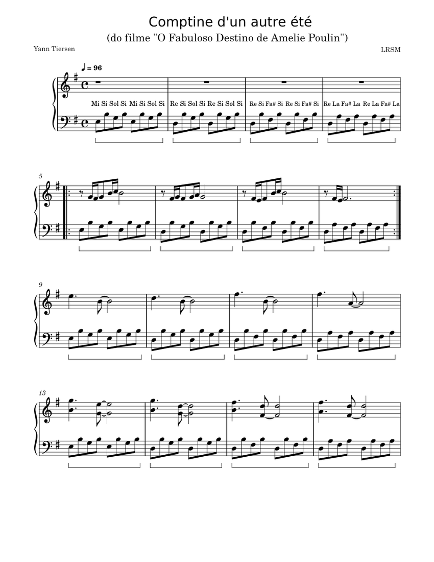 COMPTINE D'UN AUTRE ÉTÉ (Yann Tiersen) Sheet music for Piano (Solo ...