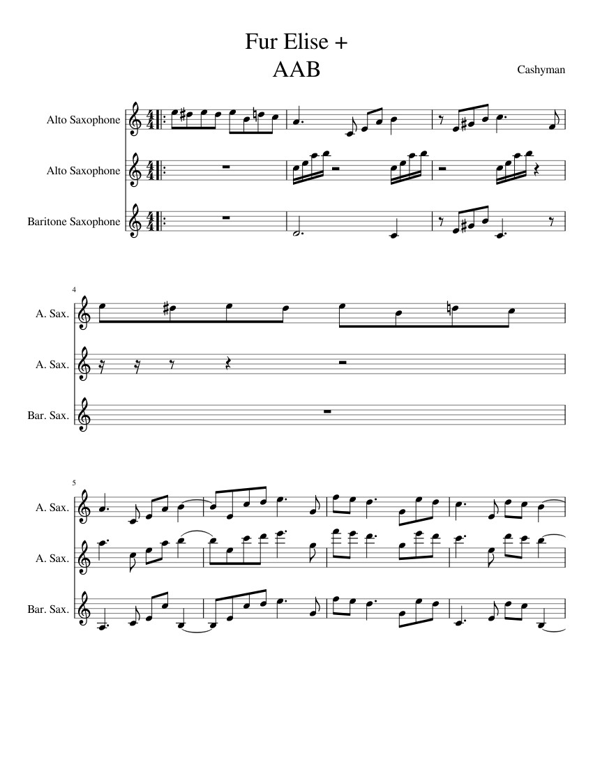 Fur Elise + AAB Sheet Music for Saxophone alto, Saxophone baritone ...