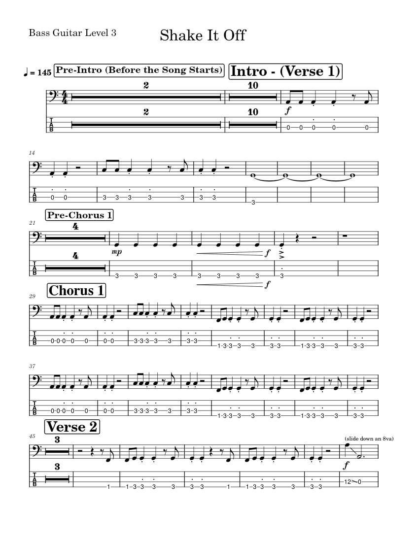 Shake It Off - Taylor Swift (Bass Guitar Level 3) Sheet Music and Tab ...