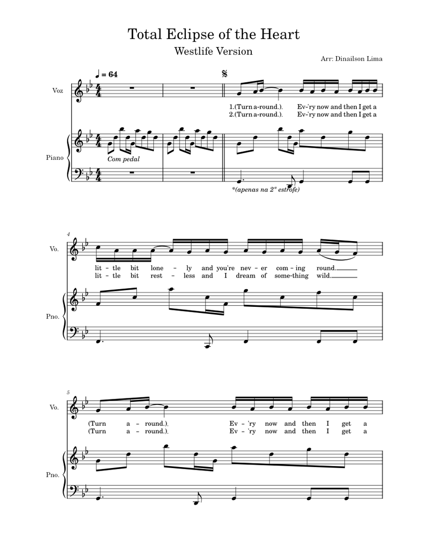 Total eclipse of the heart - Westlife Sheet Music for Piano, Vocals (Piano-Voice) | MuseScore.com