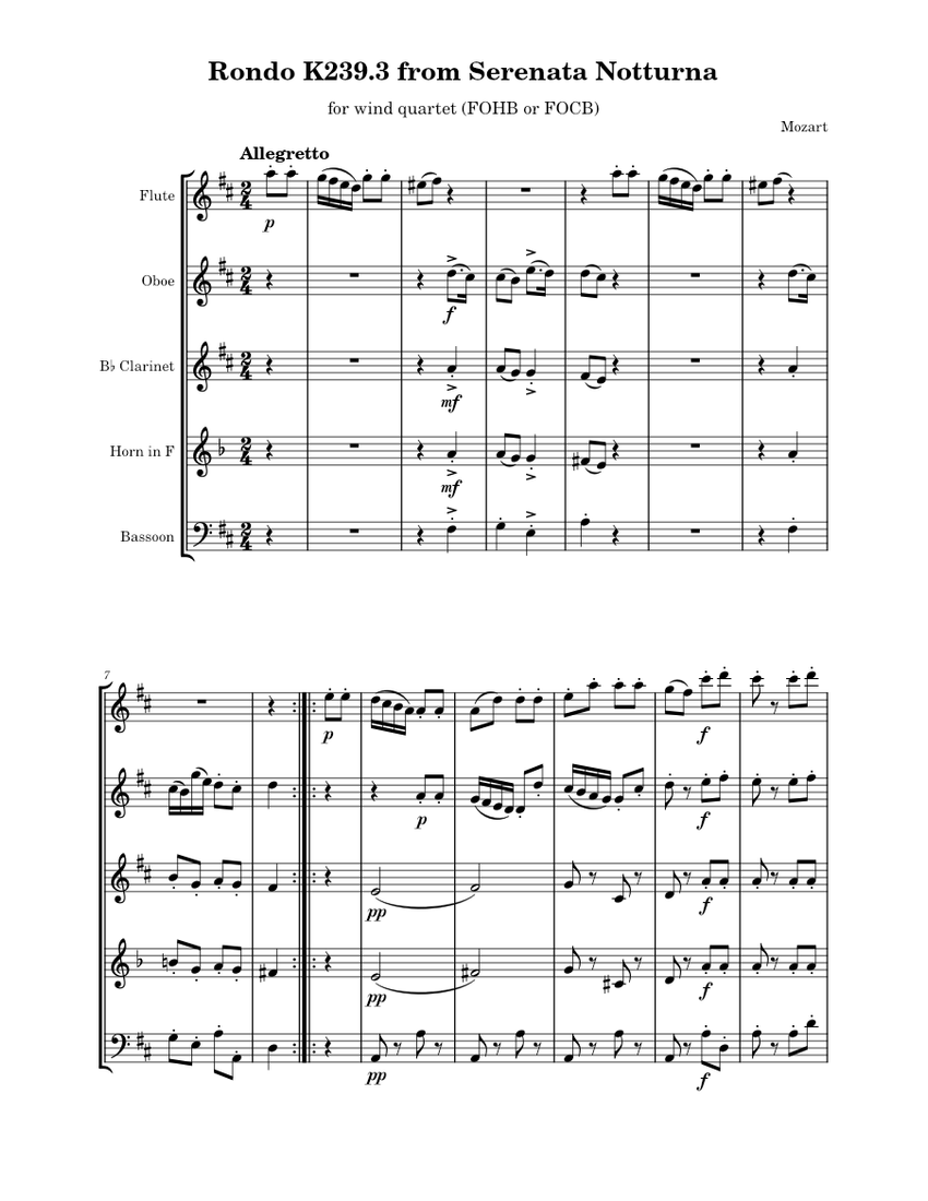 Rondo K239.3 Serenata notturna Sheet Music for Flute, Oboe, Clarinet in ...