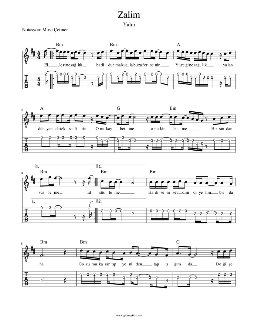Zalim Sheet Music and Tab with Chords for Guitar (Solo) | MuseScore.com