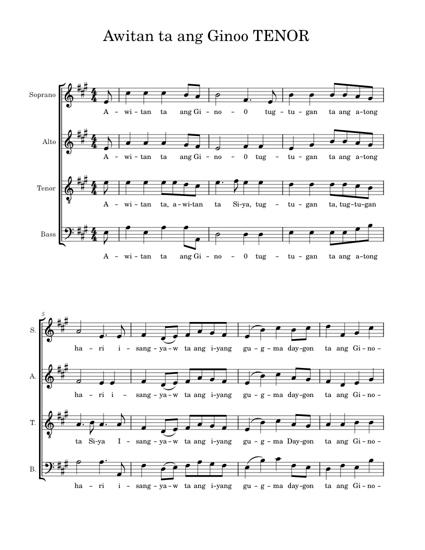 Awitan_ta_ang_Ginoo_TENOR Sheet music for Soprano, Alto, Tenor, Bass ...