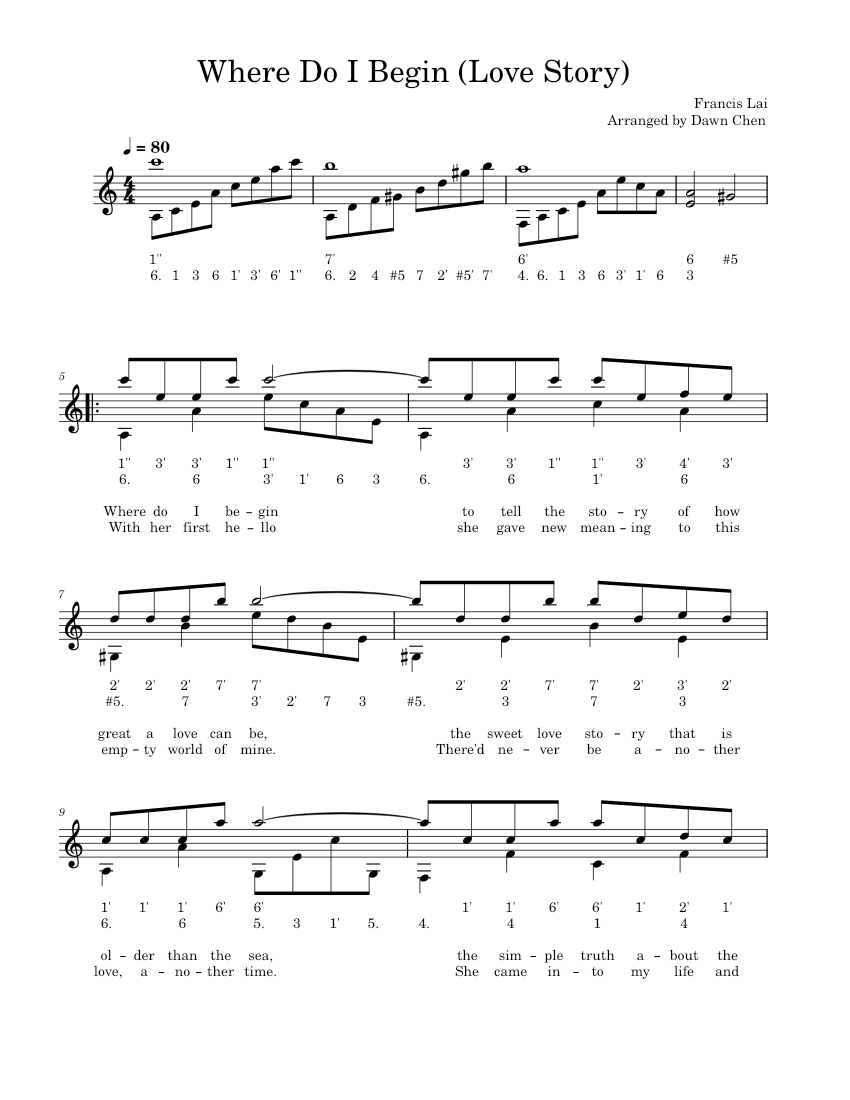 Where do I begin – Francis Lai (Chromatic Kalimba) Sheet Music for ...