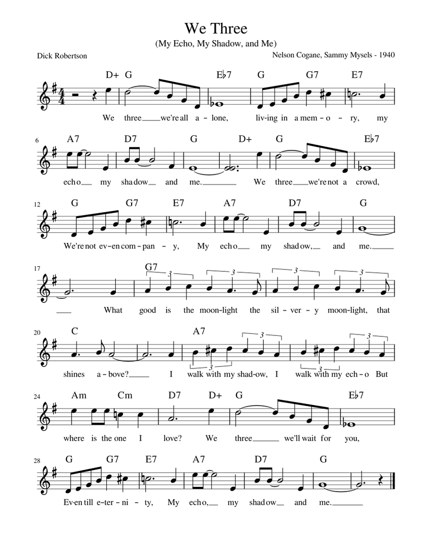 We Three (My Echo, My Shadow, & Me) Sheet Music with Chords for Piano ...
