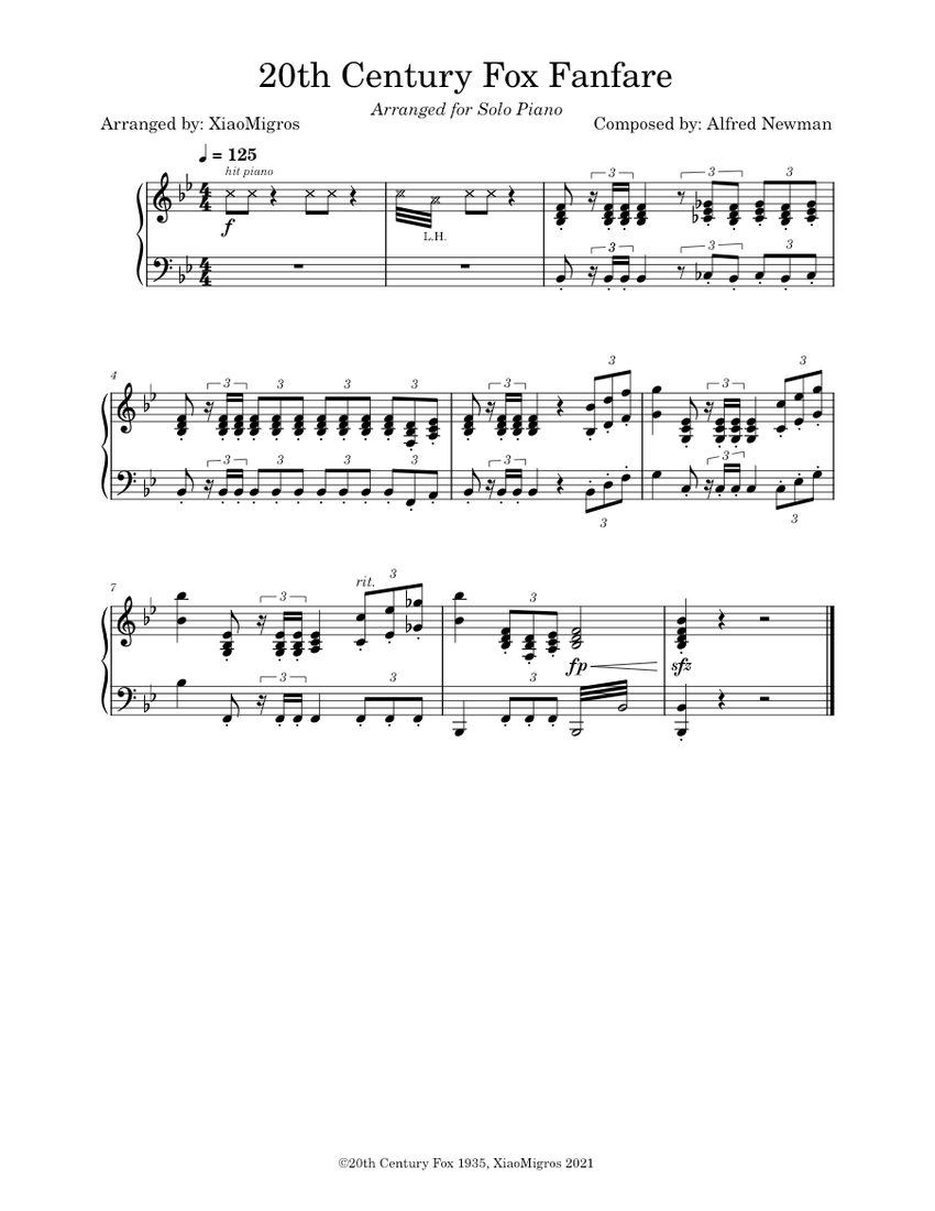 20th Century Fox Fanfare Sheet Music for Piano (Solo) | MuseScore.com