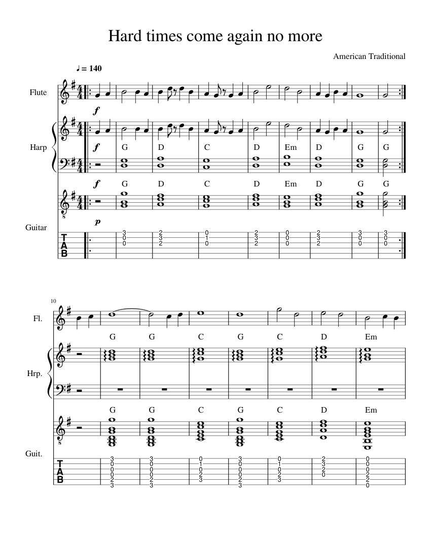 Hard times come again no more Sheet Music for Flute, Guitar, Harp ...