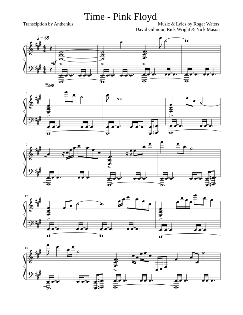 Time – Pink Floyd Sheet music for Piano (Solo) | Musescore.com