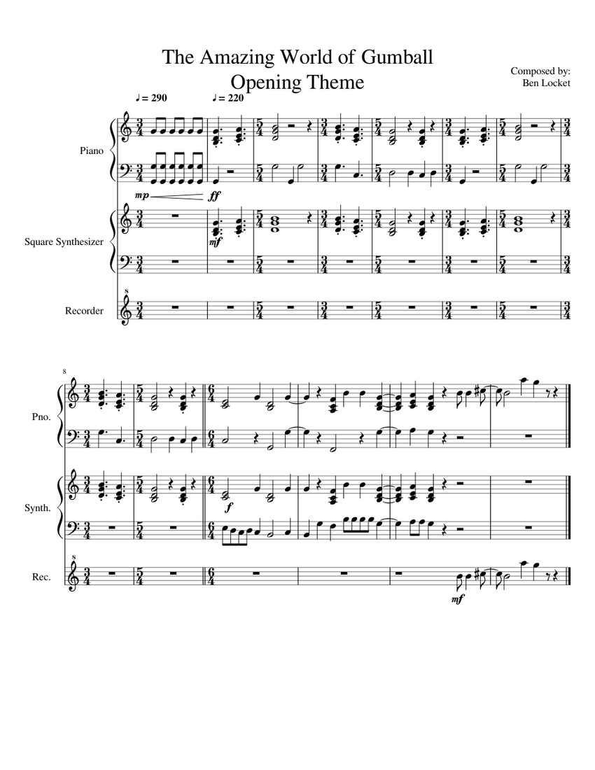 The Amazing World of Gumball Theme song Sheet Music for Piano, Recorder ...