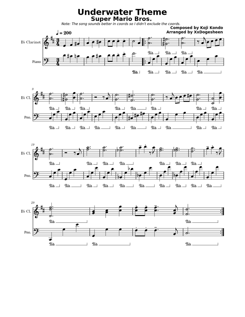 Super Mario Bros - Underwater Theme - Clarinet and Piano Sheet Music ...