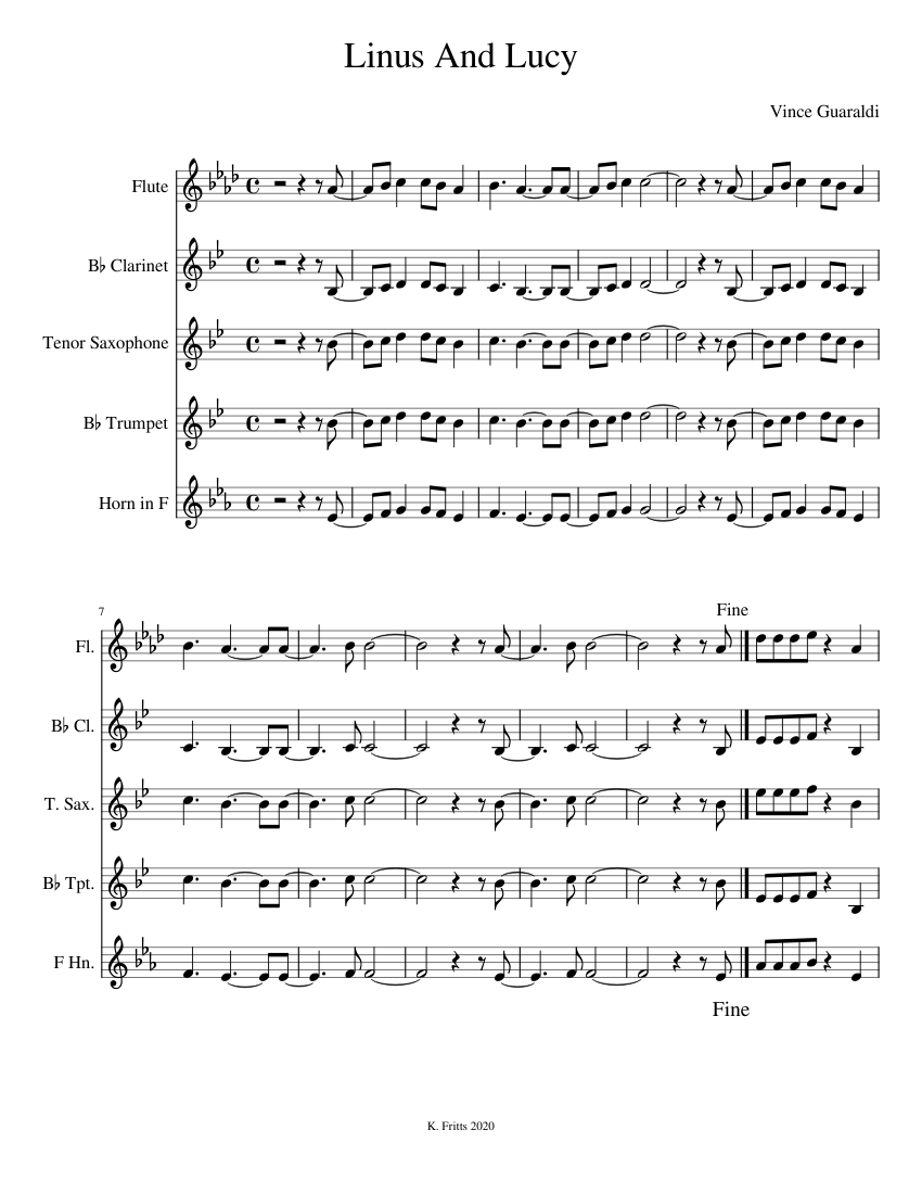 Linus And Lucy Sheet music for Flute, Clarinet in b-flat, Saxophone ...