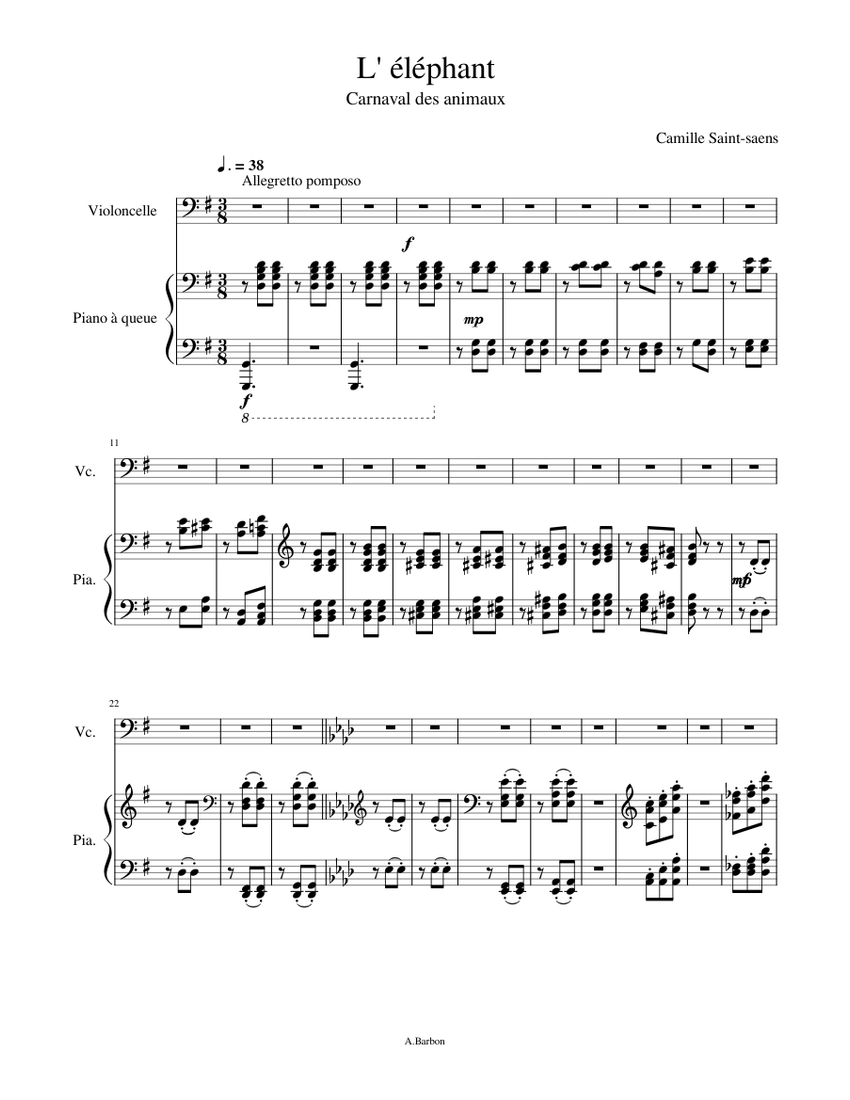 SAINT SAËNS - l'éléphant Sheet music for Piano, Cello (Solo ...