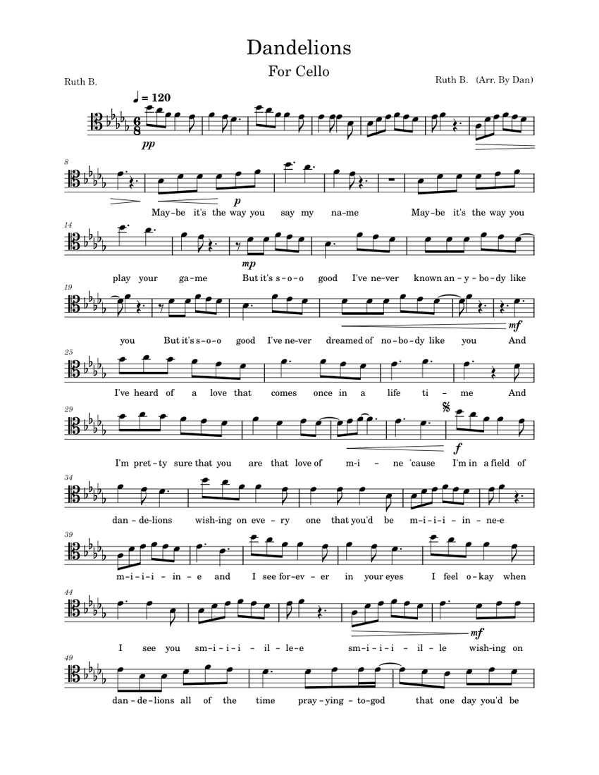 Dandelions – Ruth B Dandelions Sheet Music for Cello (Solo) | MuseScore.com