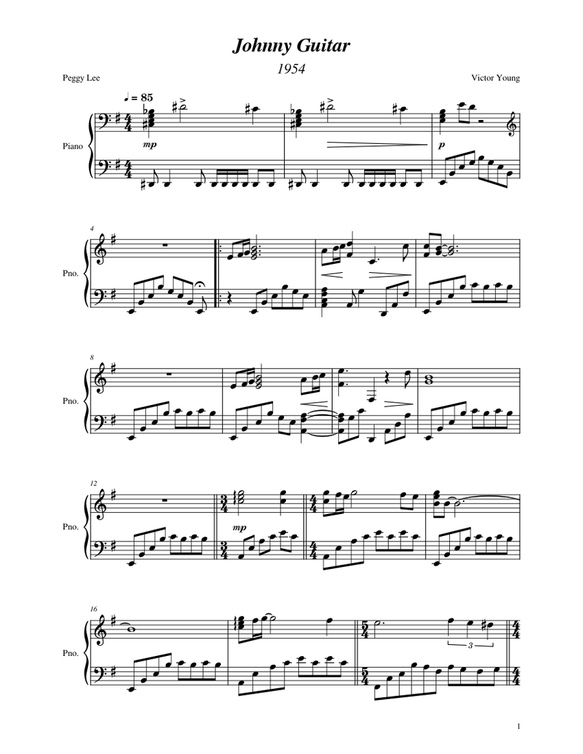 Johnny Guitar (1954) - Peggy Lee Sheet music for Piano (Solo ...