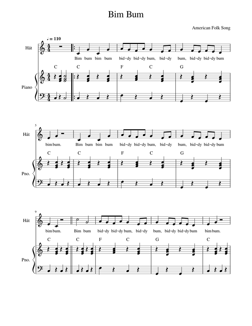 Bim Bum - American Folk Song Sheet Music with Chords for Piano (Piano ...