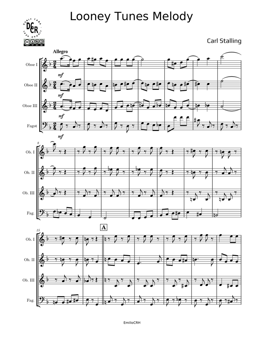 Looney Tunes Melody – Carl Stalling Sheet music for Oboe, Bassoon ...